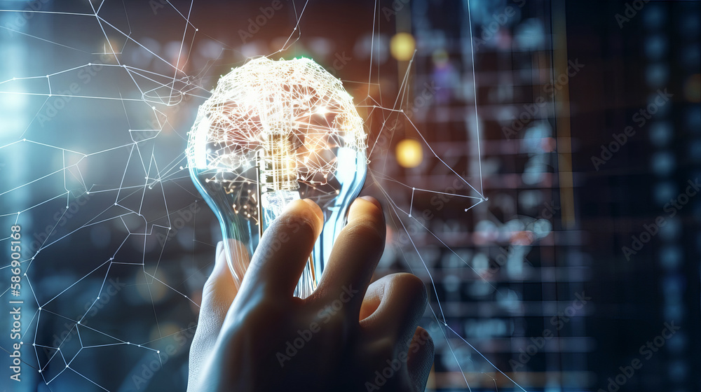 AI, Machine learning, Hands of robot and human touch on big data network, Brain data creative in ...