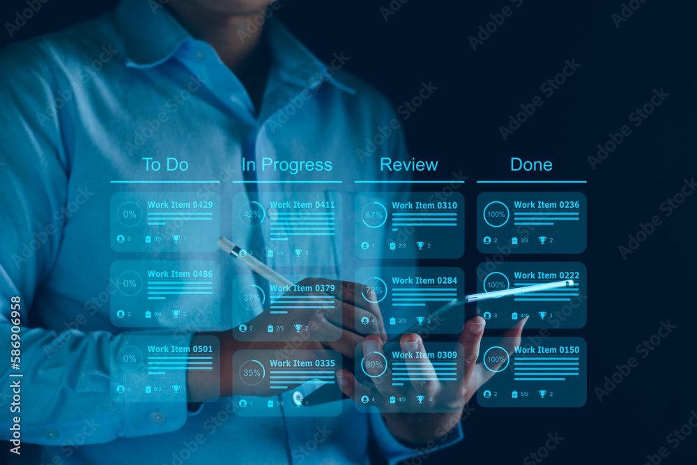 Agile software development or project management using kanban or scrum methodology boards on ...