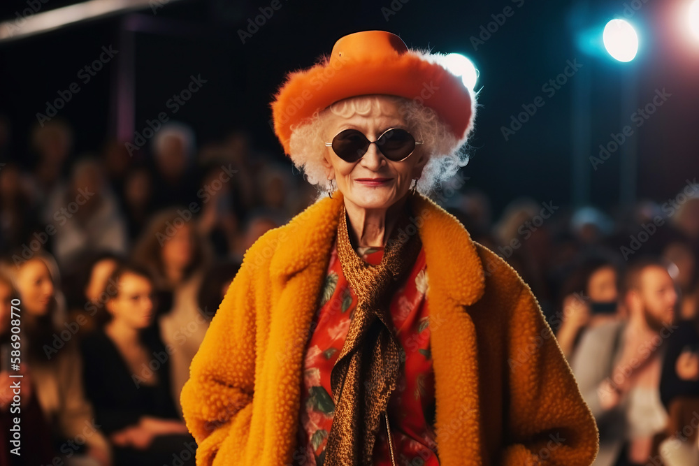 An Old Lady Shows Clothes At A Fashion Show Generative Ai Illustration