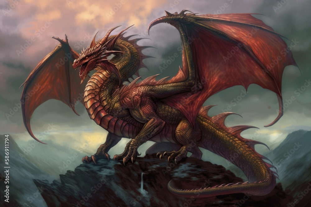 Dragon on mountain rock. Fire monster. Generate Ai Stock Illustration ...