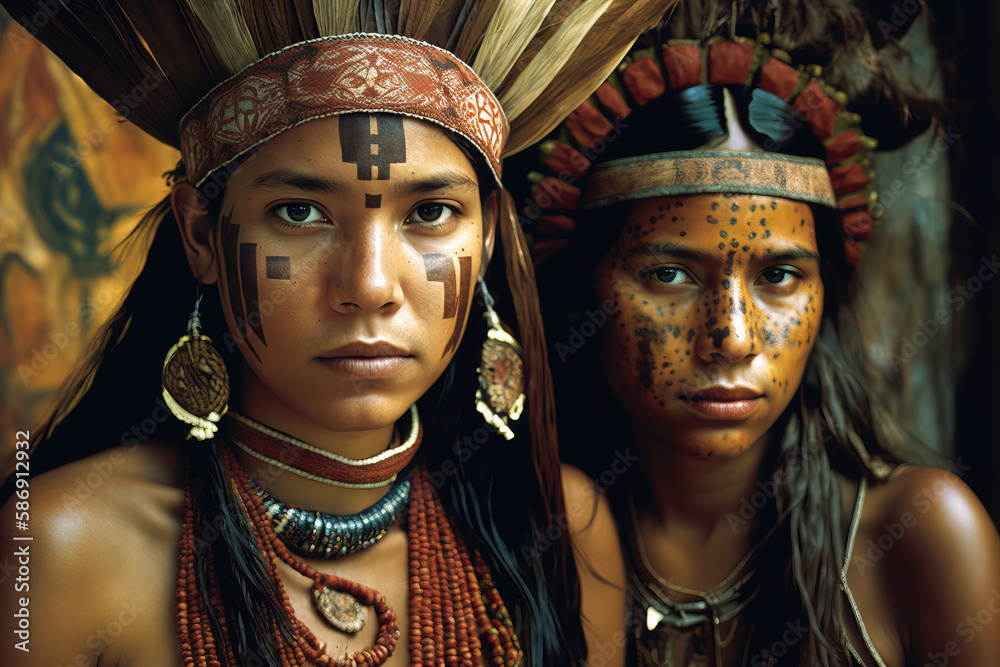 Group portrait of indigenous people from the Amazon with ritual ...