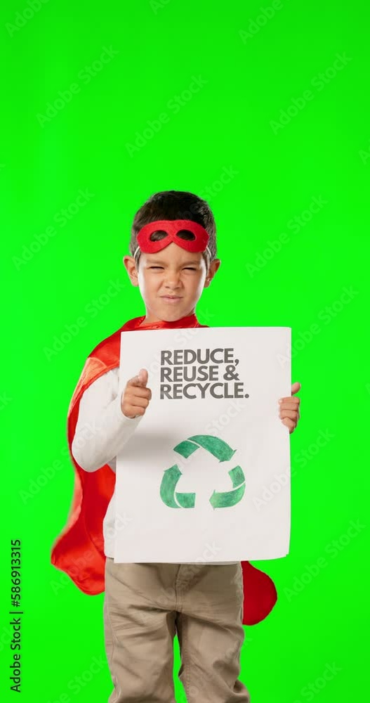Child hero, pointing and green screen with recycle poster for ...