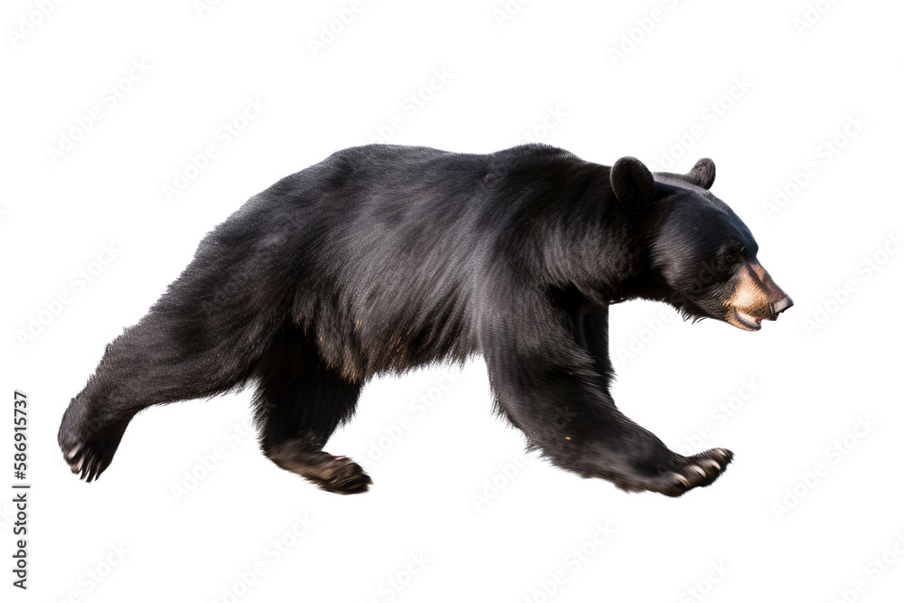 an isolated black bear running and walking, side-view portrait, North ...