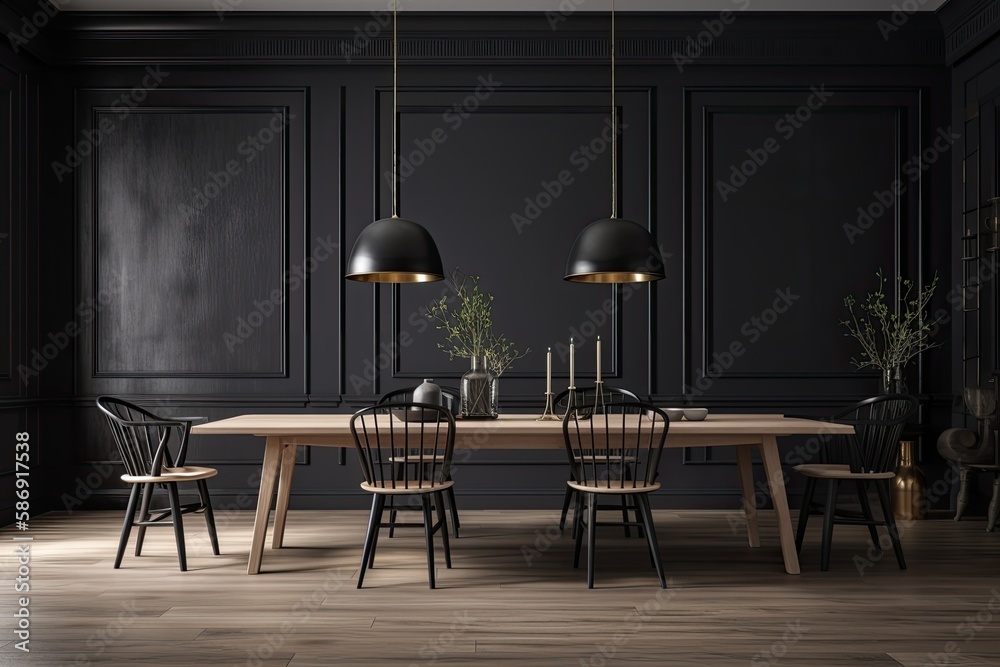 In a room that is completely black, there is a long black dining table ...