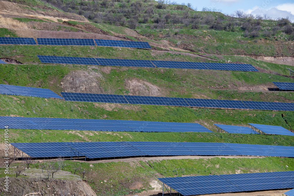 Solar panels on sky background. Solar power plant. Blue solar panels ...