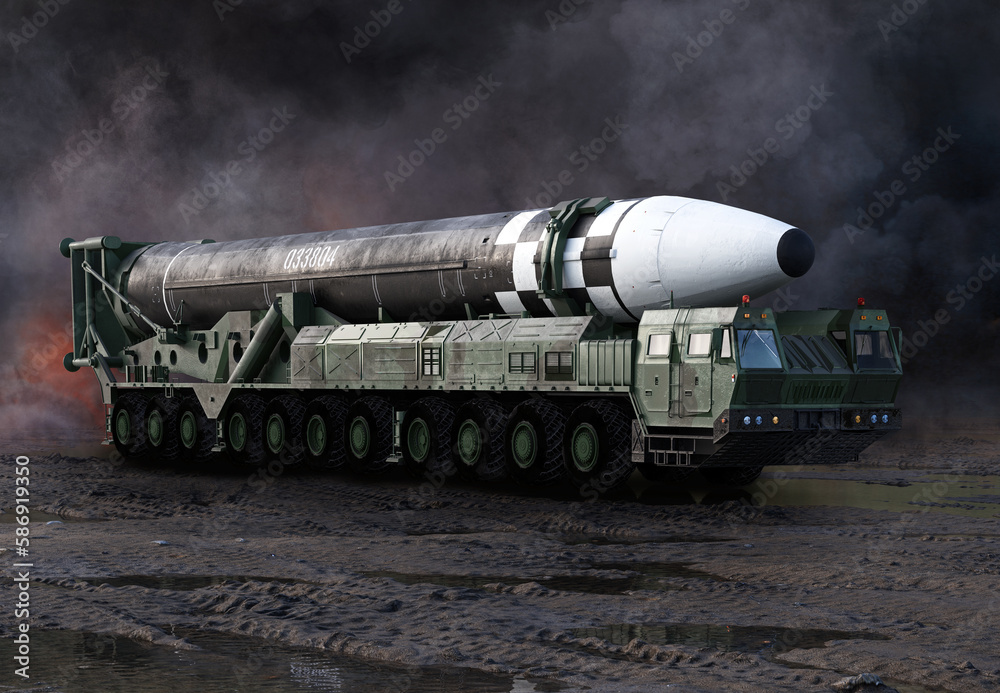 Ballistic missile launcher mobile system with a warhead. Heavy military vehicle illustration. A ...