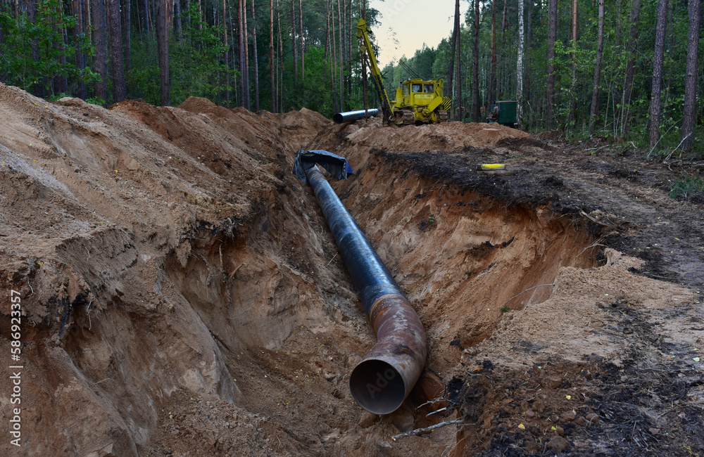 Natural Gas Pipeline Construction. Crude oil transmission in pipe from ...