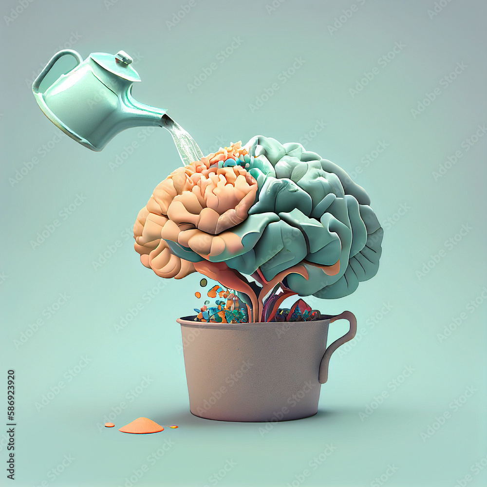 Human brain growing from a tree, watering can is pouring water on the ...