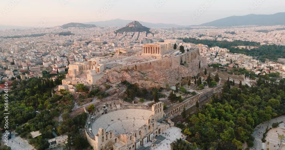 Greece Acropolis city of Athens parthenon symbol of ancient aerial view slide from drone on ...
