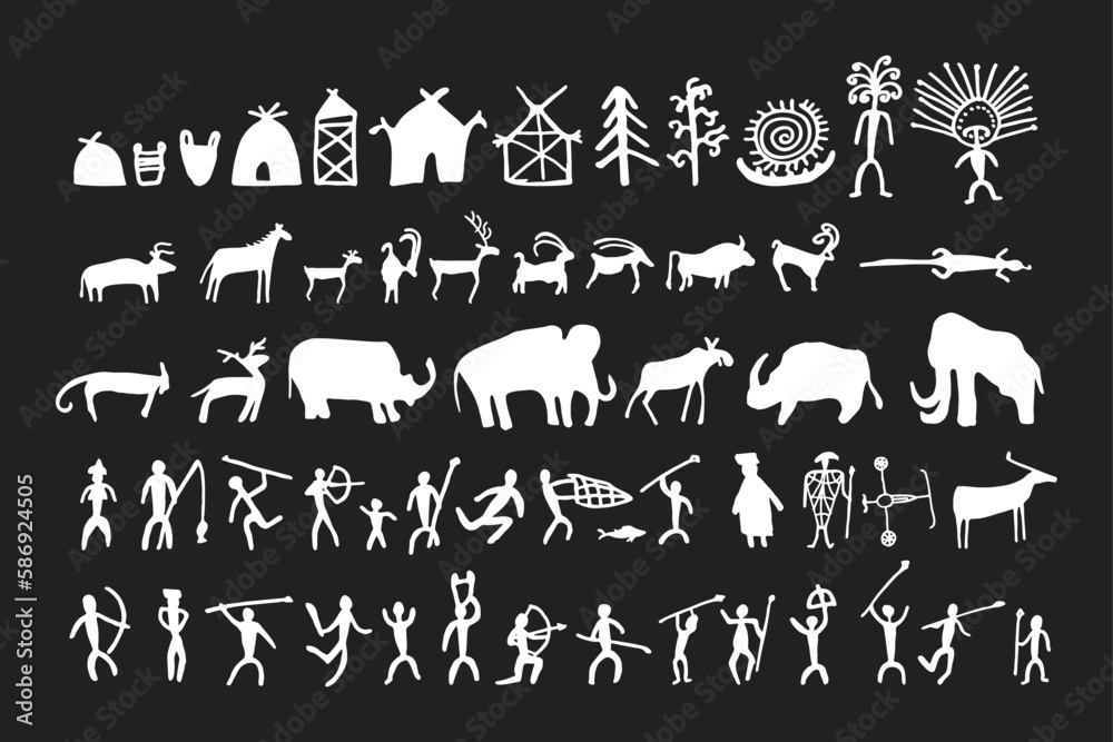Cave painting prehistoric rock art hand drawn sketch style vector ...