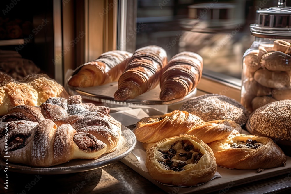 bakery interior with display counters full of scrumptious bread and ...