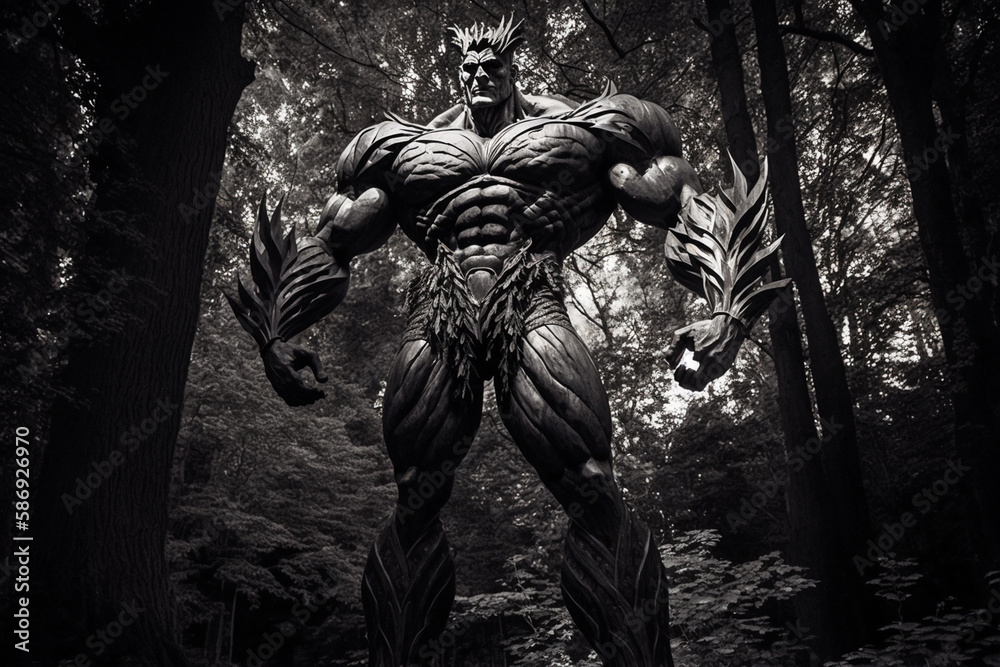 In the midst of a dark and ominous forest, a towering figure looms over ...