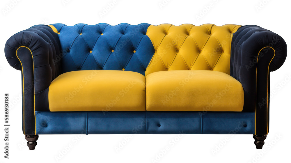 Blue and yellow soft couch sofa cutout isolated on white transparent ...