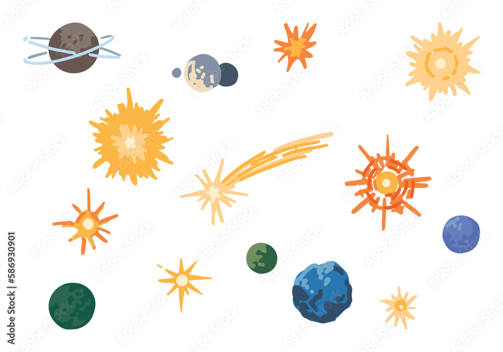 Cosmic space doodles set. Cartoon drawings of planets, stars, comet ...