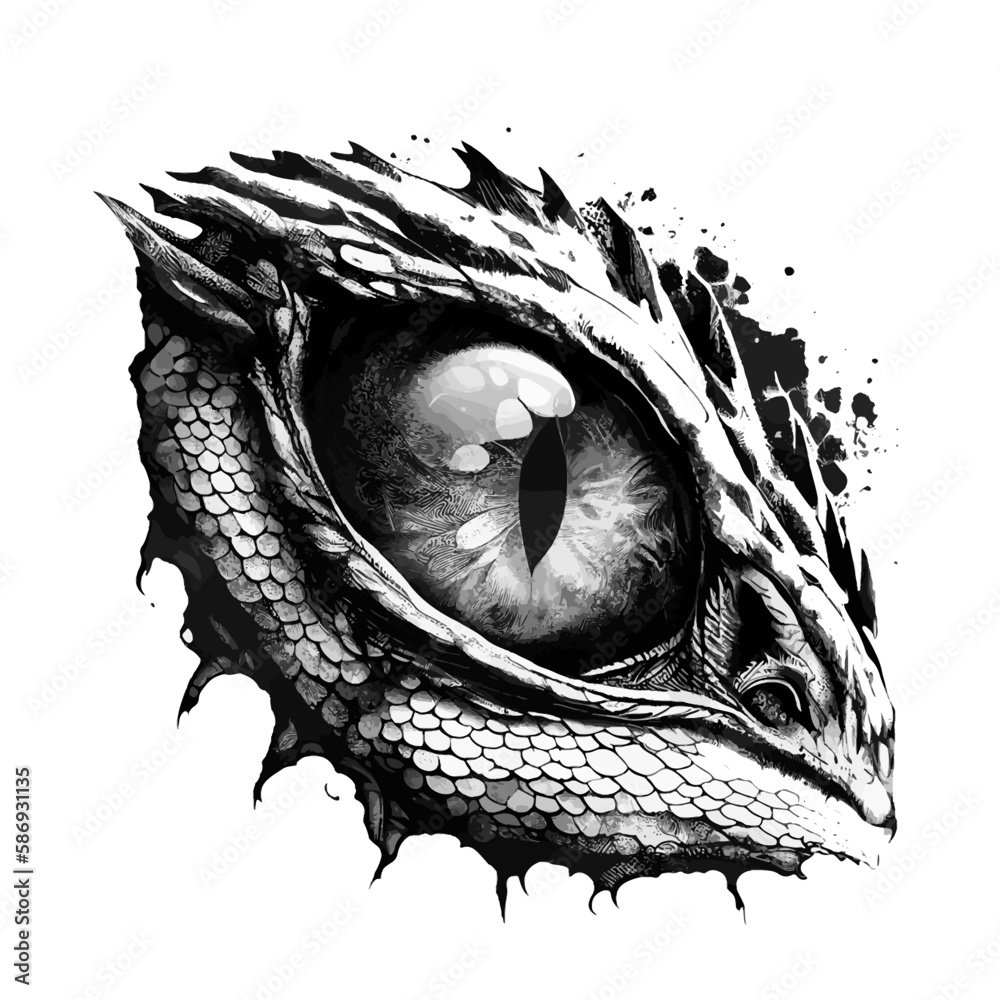 Dragon or dinosaur monster eye tattoo, sketch, tshirt print. Vector ...
