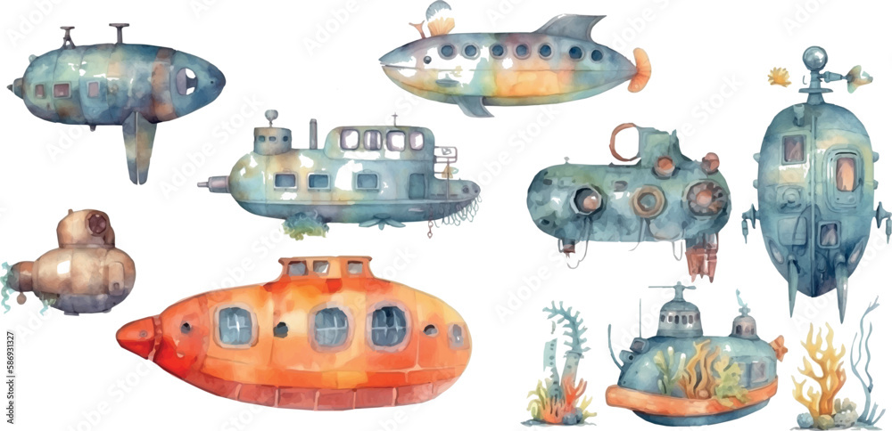 Watercolor cute cartoon kids submarine. watercolor illustration of a ...