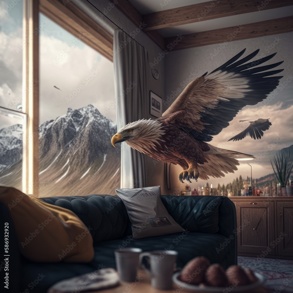 Eagle flying of out of living room window with snow mountains and ...