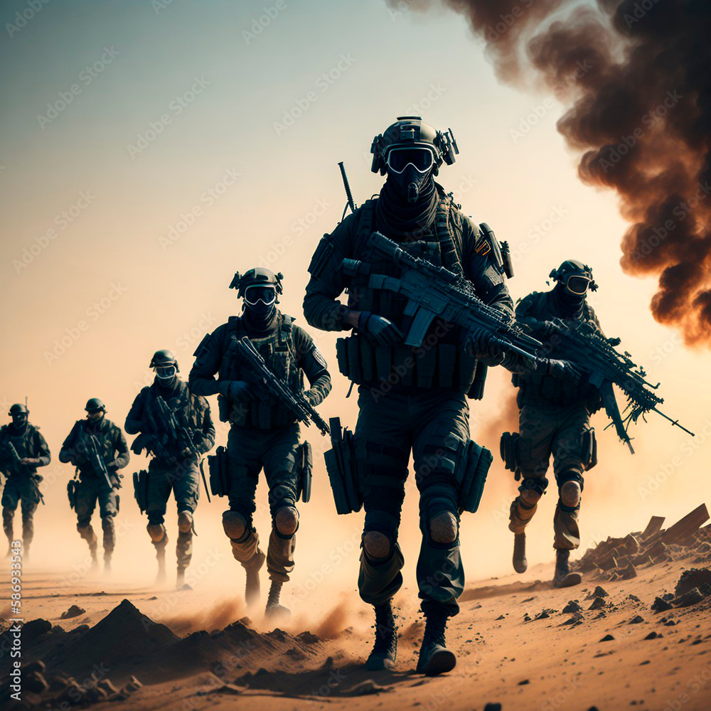 military special forces soldiers crosses destroyed warzone through fire ...