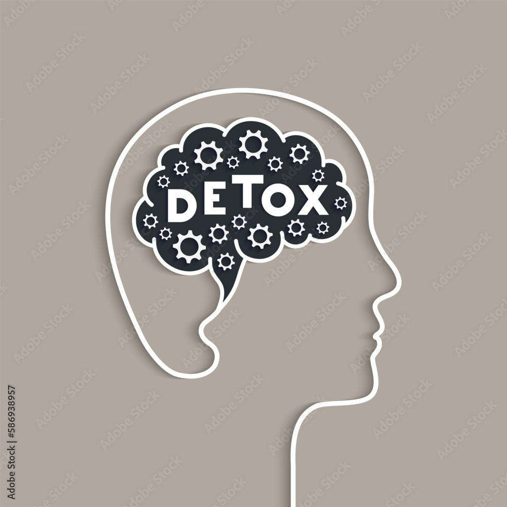 Detox concept with head, mind, gears and letters. Brain detox, mental ...