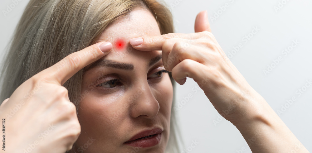 Dermatology, scratch asian young woman looking at mirror, expression ...