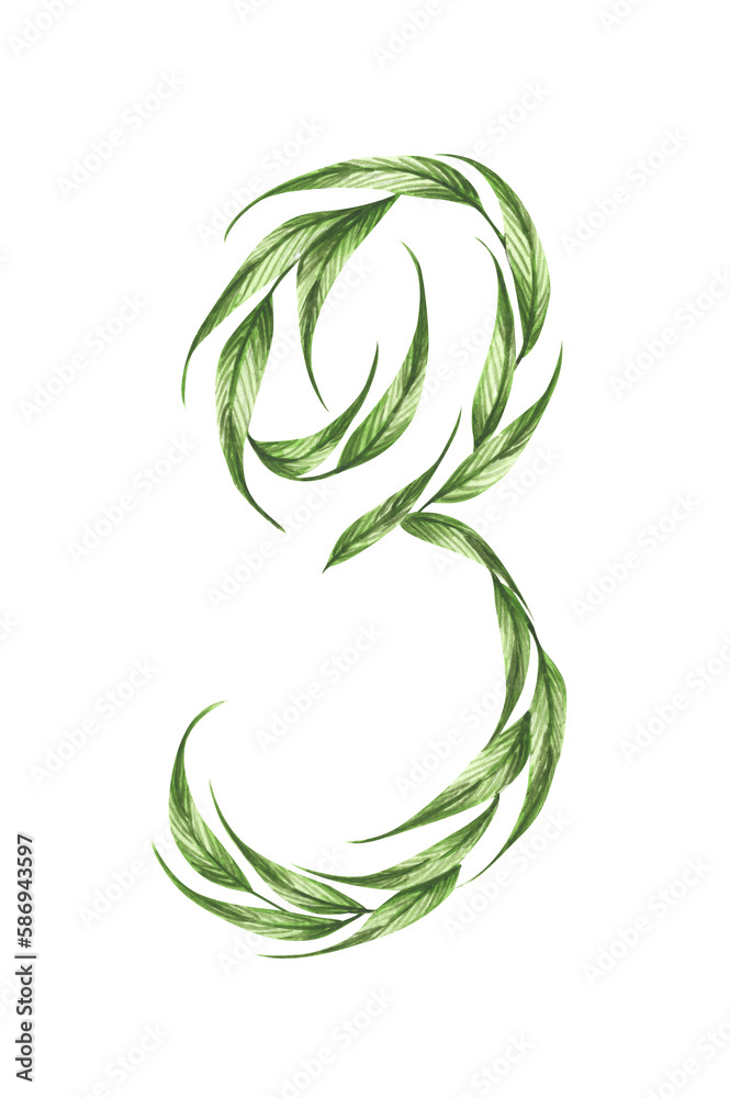 Number 3, alphabet of green leaves, Numbers from leaves. Symbol 3 with ...