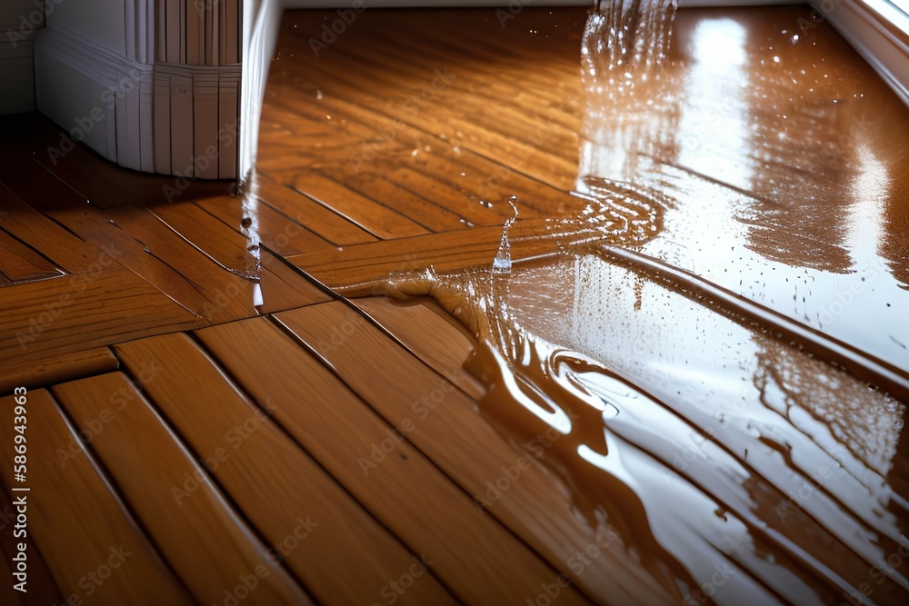 Water leaking on hardwood floor. The floor of the room is damaged after ...