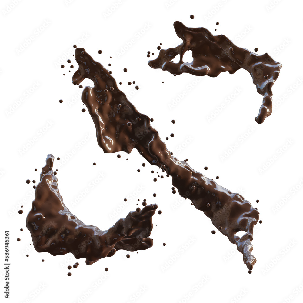 Liquid chocolate splash shapes isolated on transparent background. 3D ...