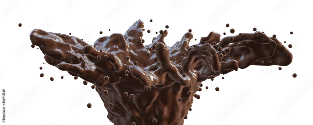 Gushing liquid chocolate splash isolated on transparent background. 3D ...