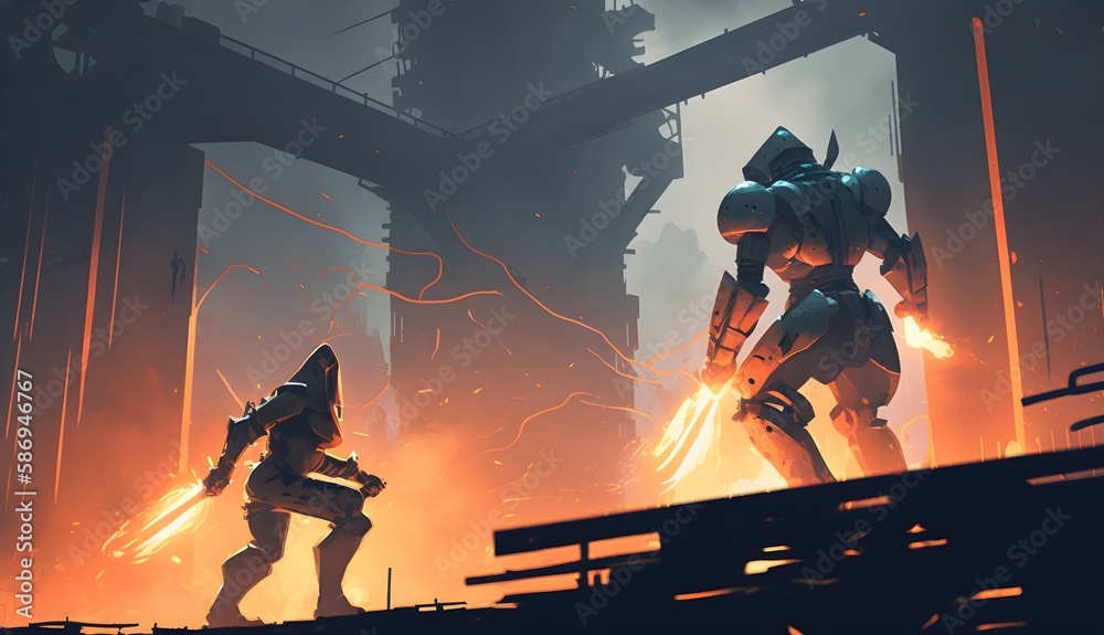sci-fi scene showing fight of two futuristic warriors in industrial ...