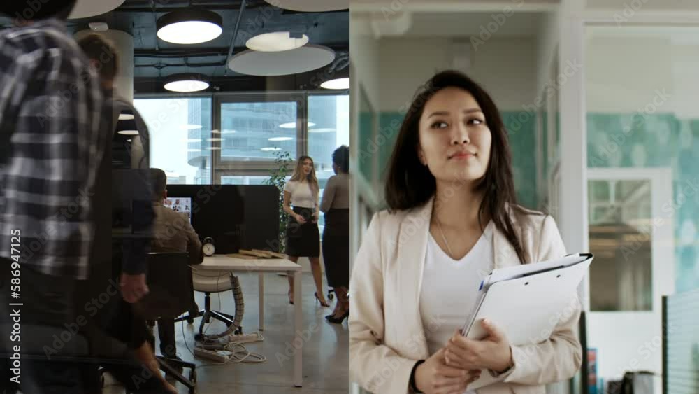 Split screen footage of young Asian woman holding documents walking ...