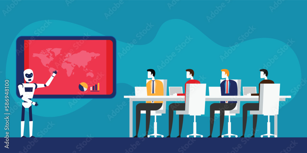 Robot ai doing business presentation 2d vector illustration concept for ...