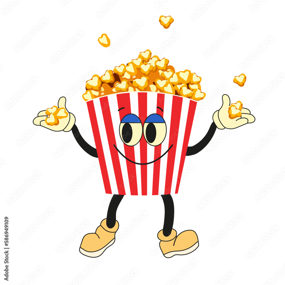 Popcorn cartoon character. Vector bucket of popcorn with a smiling face ...
