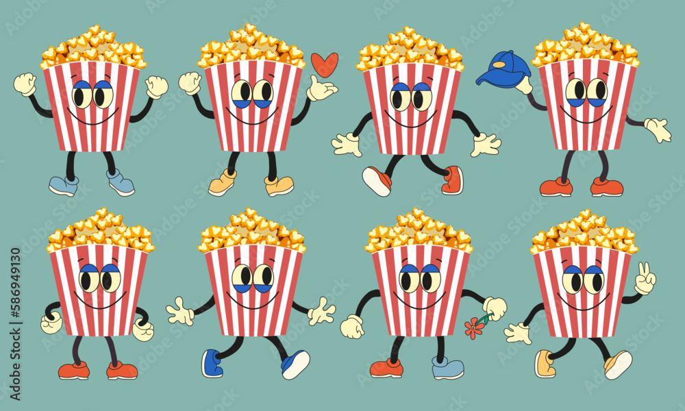 Vetor de Set of cartoon funny popcorn characters. Vector striped, paper ...