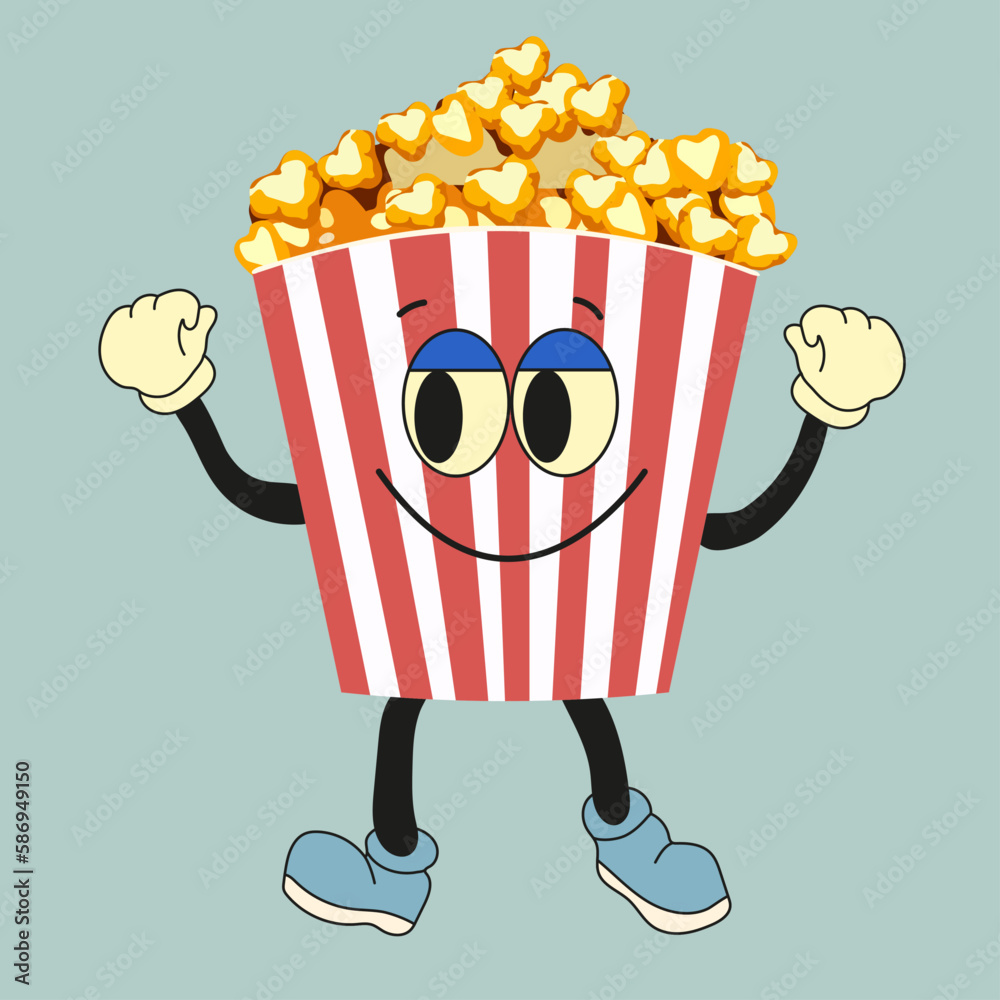 Cartoon funny popcorn character. Vector popcorn bucket with cute ...