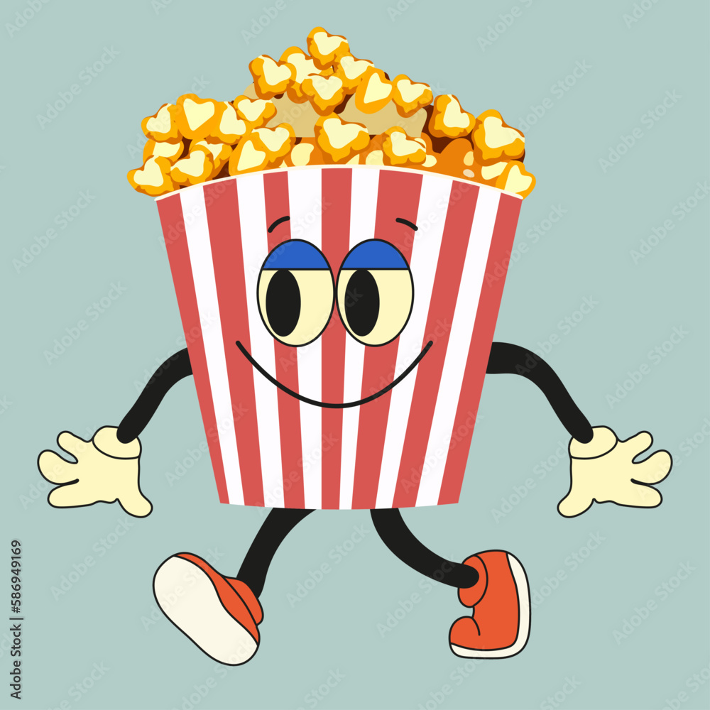 Cartoon funny popcorn character. Vector popcorn bucket with cute ...