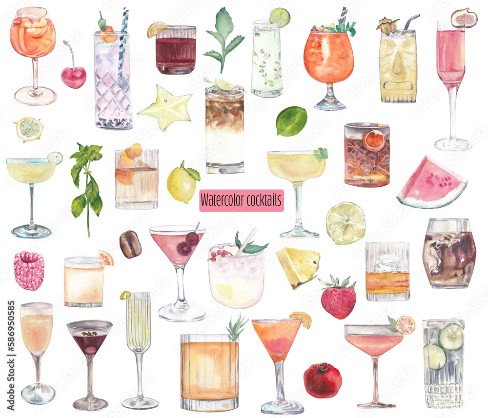 Cocktails and ingredients watercolor illustrations Set of drinks ...