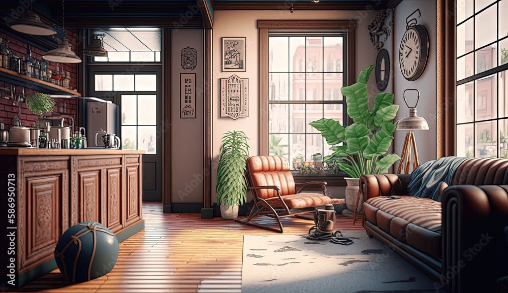 A sleek and modern Memphis interior, featuring clean lines, bold colors ...