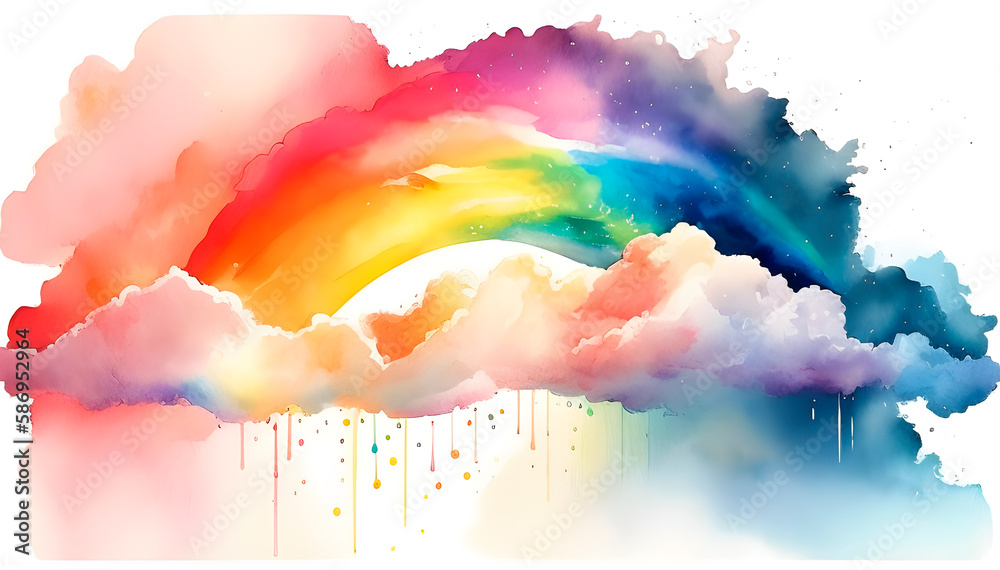 drawn rainbow in a watercolor style, a rainbow with clouds on a white ...