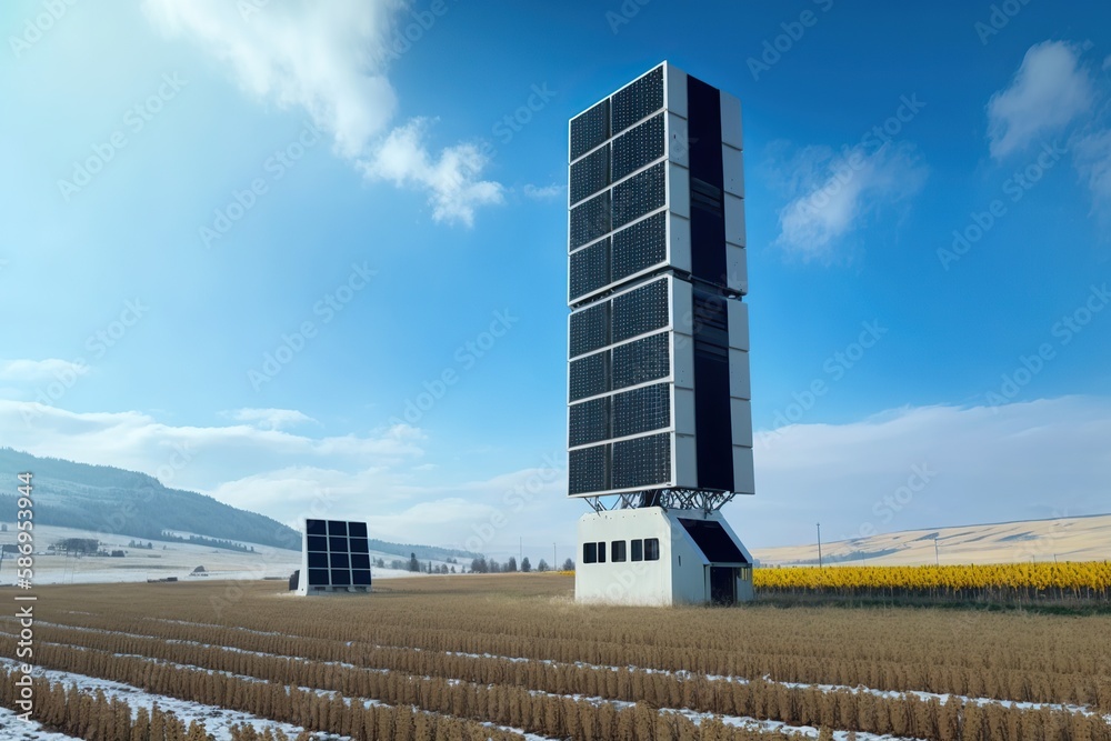 Vertical photovoltaic farm,, vertical towers with solar panels. AI generative. Stock ...