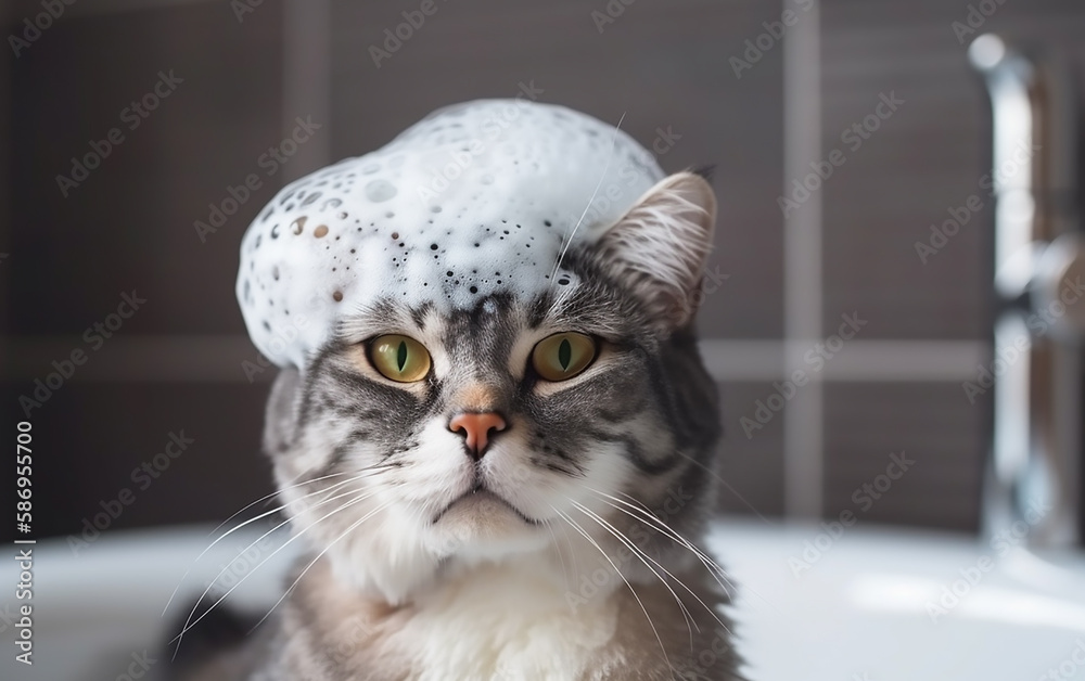 A grey Persian cat, unamused with soapy suds on its head, endures bath ...