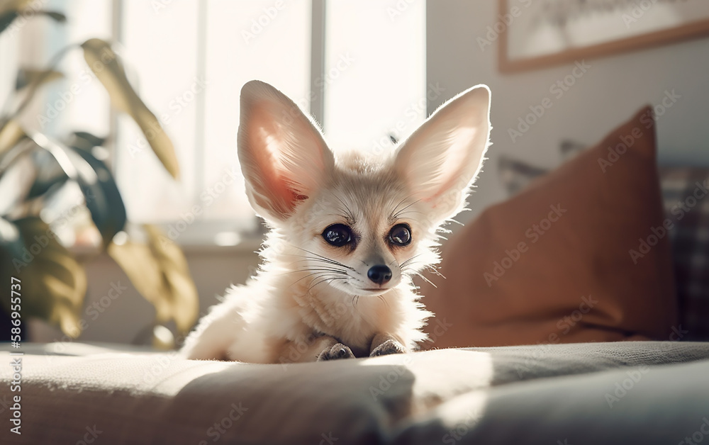 Curious and alert, this fennec fox sits comfortably indoors, a little oasis of wilderness at ...