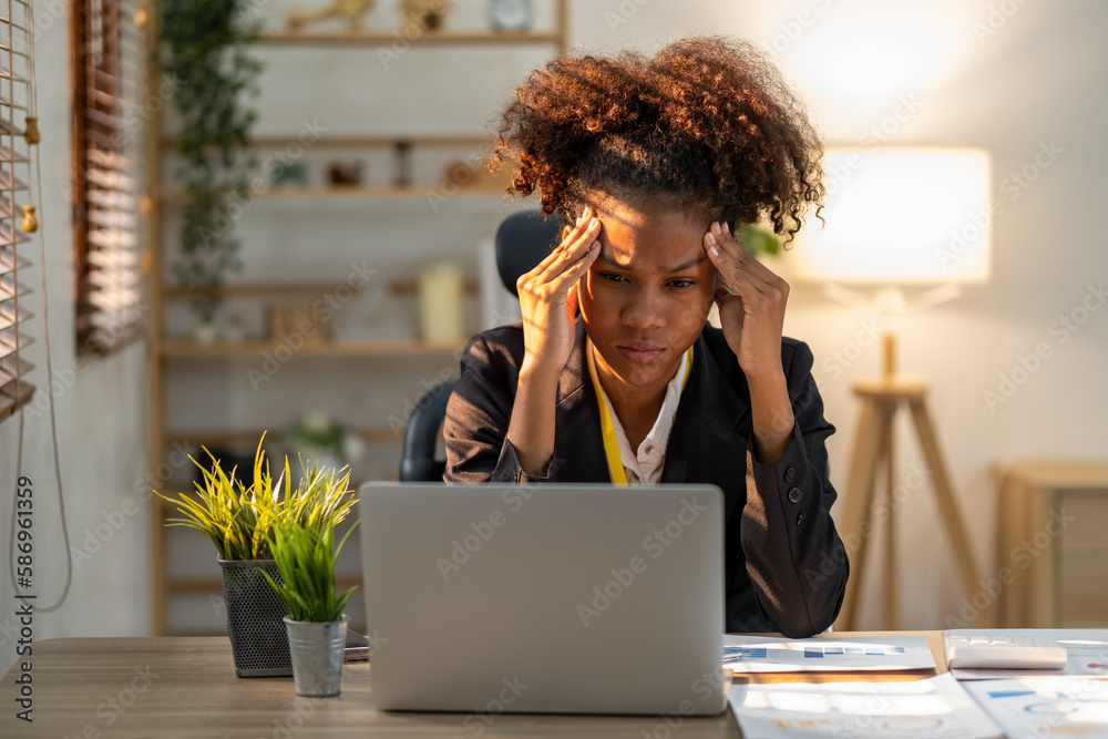Foto de Young woman asian employee feeling tired stressed concern nervous serius with her work ...