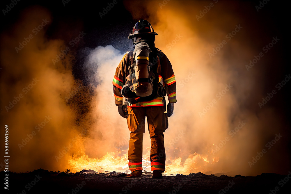 Generative AI image of back view of male firefighter in protective ...