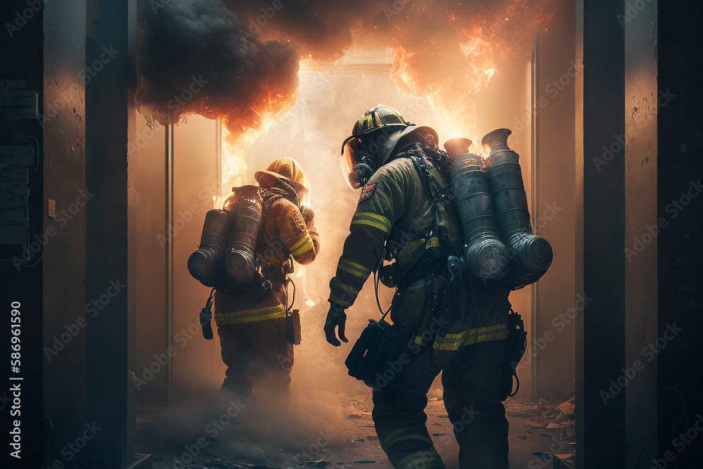 Generative AI illustration of firefighters in uniform and with oxygen ...