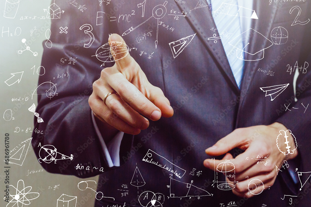 Student or teacher with mathematical and scientific formulas. Concepts ...