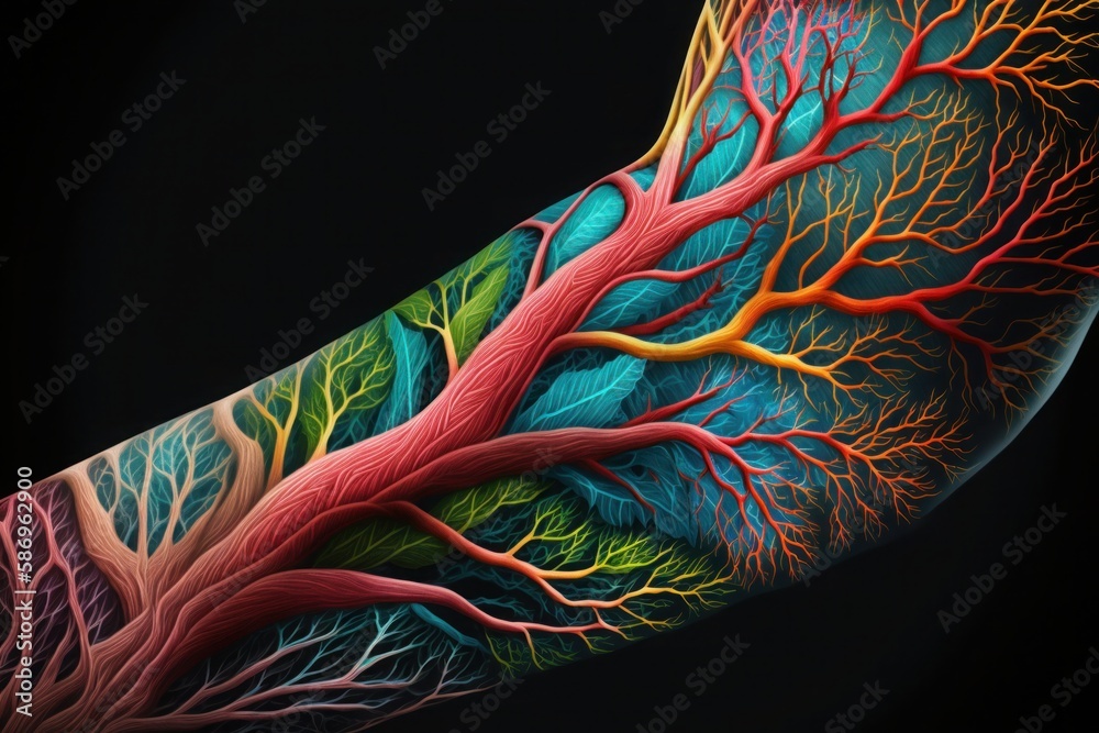 colorful tattooed arm, with a pattern that mimics the veins and ...