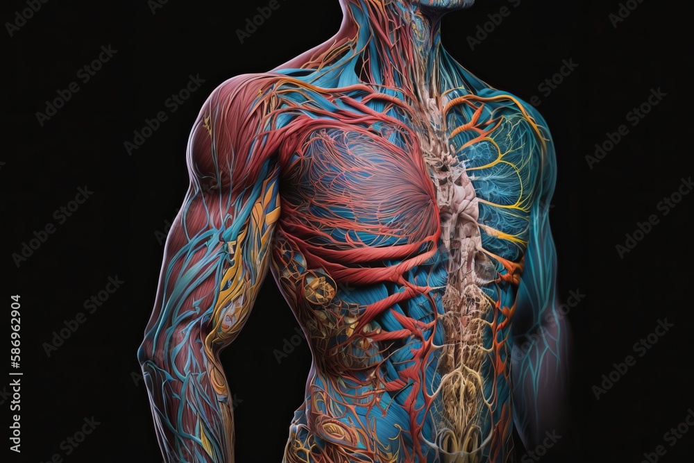 colorful tattooed body with a pattern that mimics the veins and ...