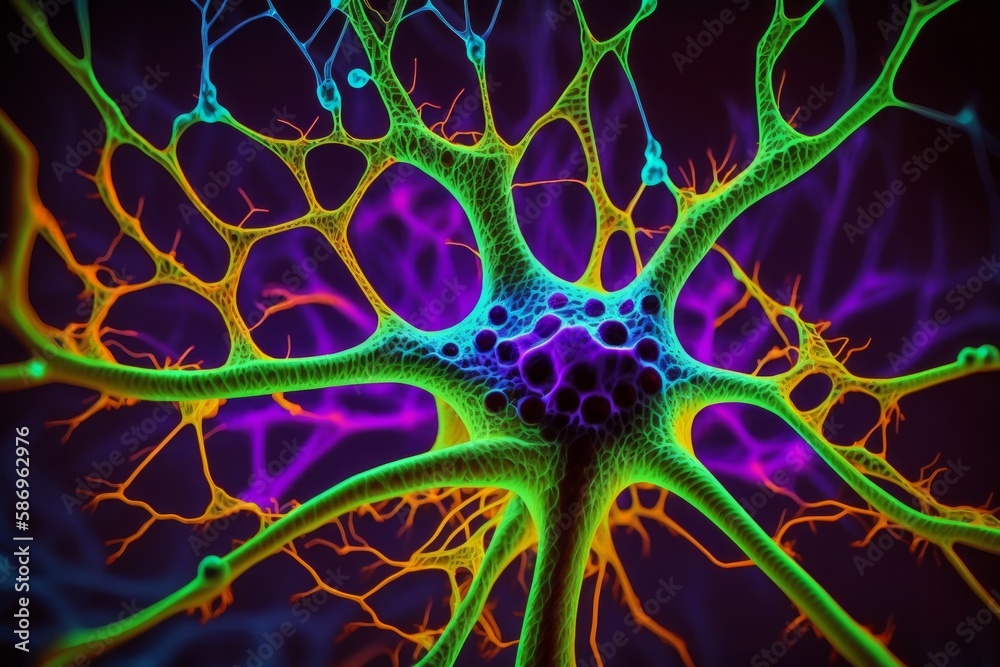fluorescent colored neuron cell, with dendrites extending out in all ...