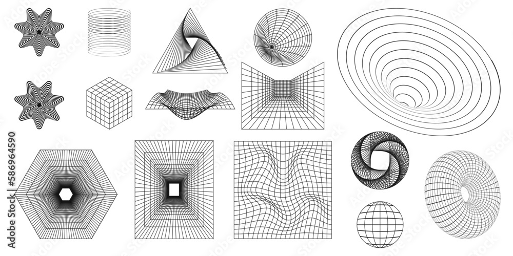 Geometric wireframe shapes and grids in dark color on transparent color ...