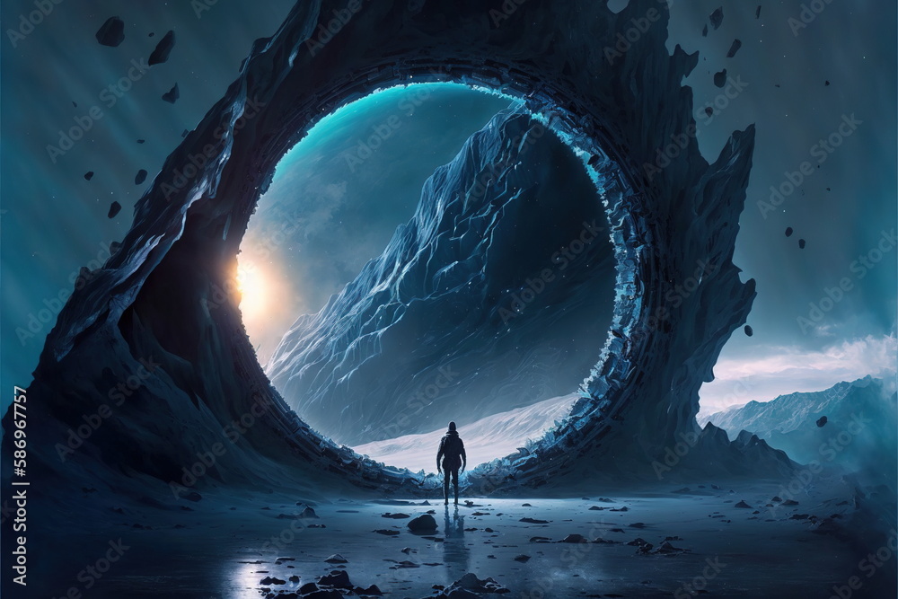 Spaceman travel through the space with mysterious sci-fi fantasy portal ...